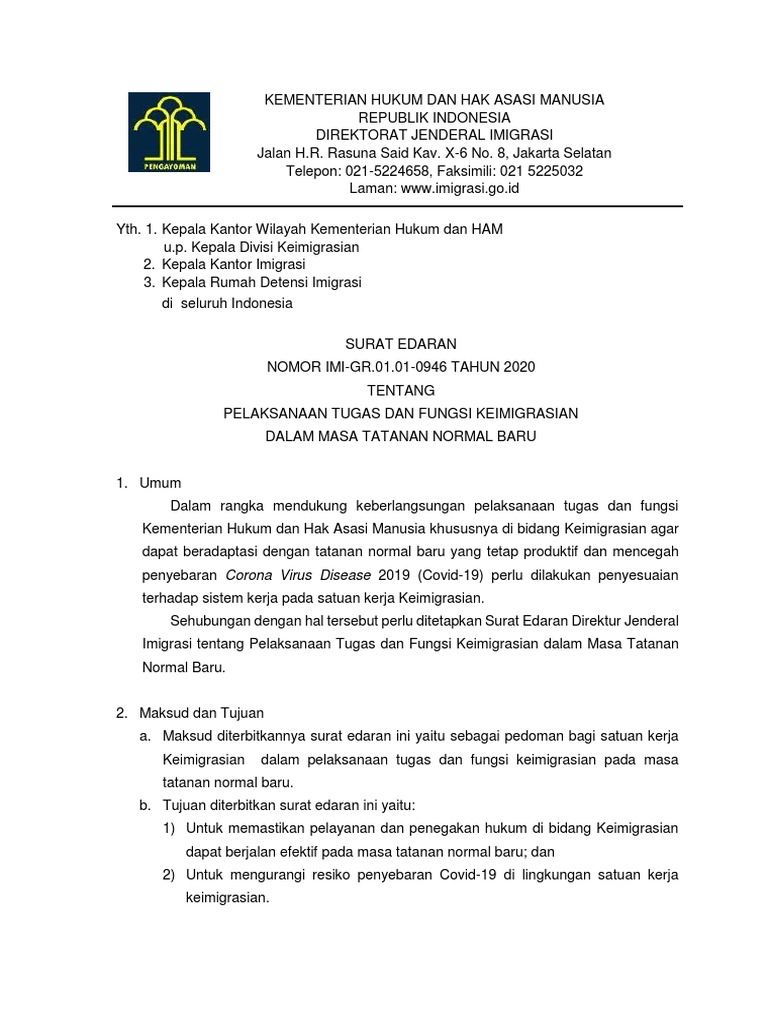 Surat Edaran Direktur Jenderal Imigrasi Nomor Imi GR 01 01 0946 Tahun 2020 | PDF
