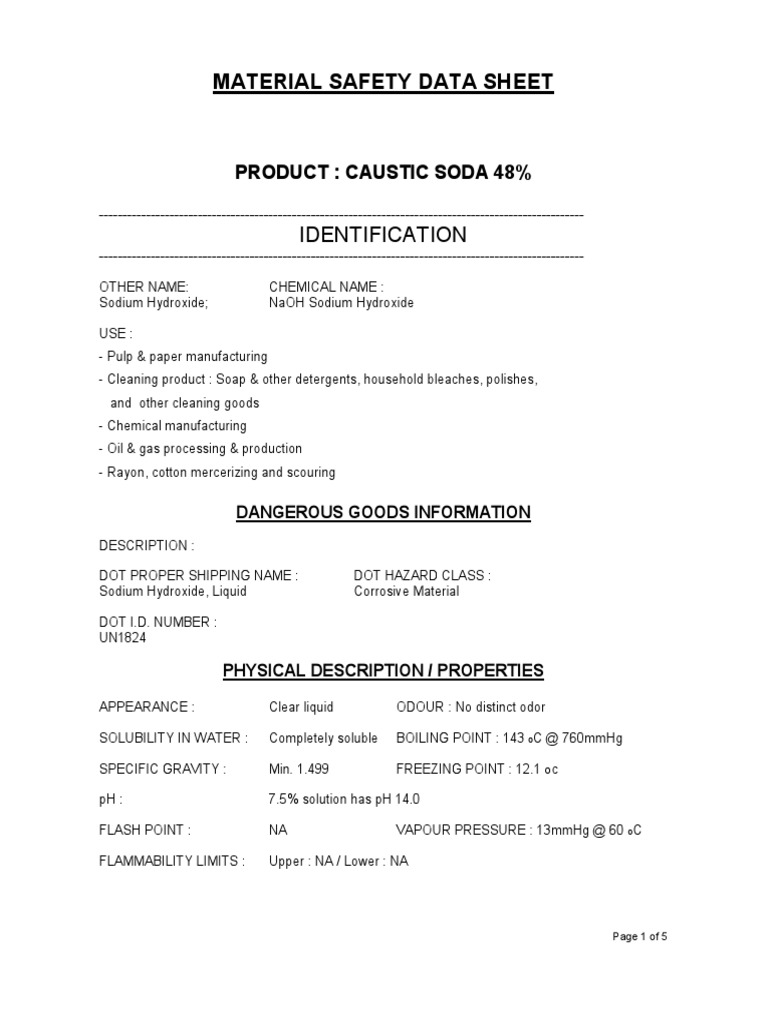 Msds Caustic Soda Liquid 48% | PDF | Sodium Hydroxide | Physical Sciences