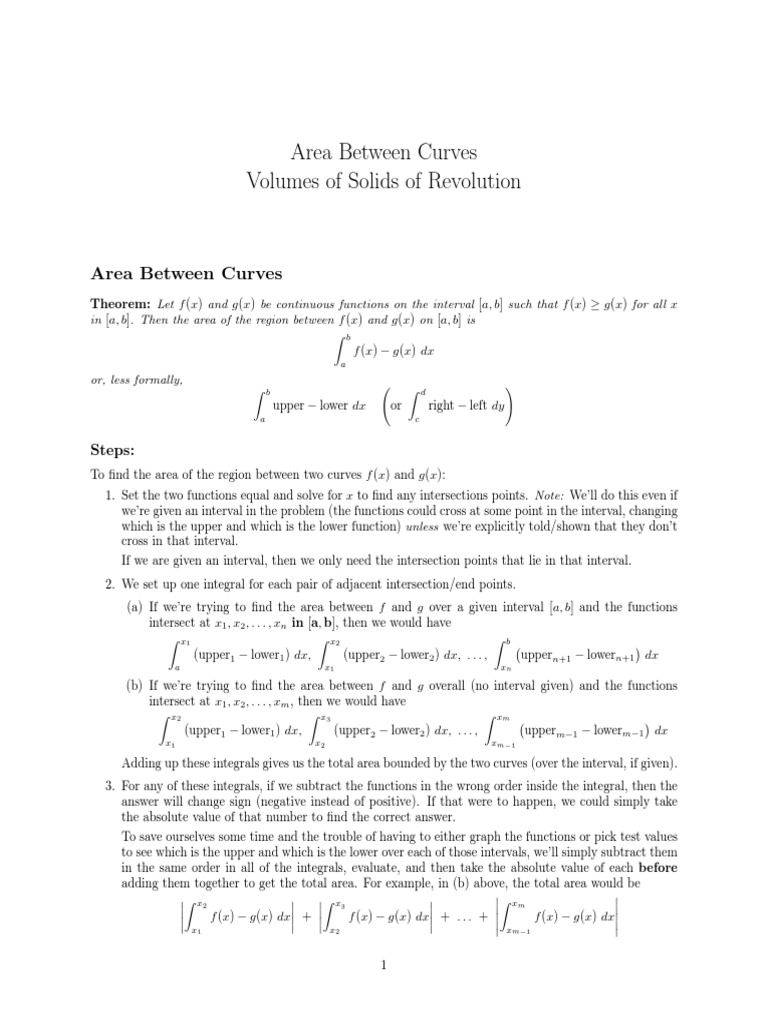 Area Between Curves Volumes of Revolution | PDF | Integral | Cartesian ...