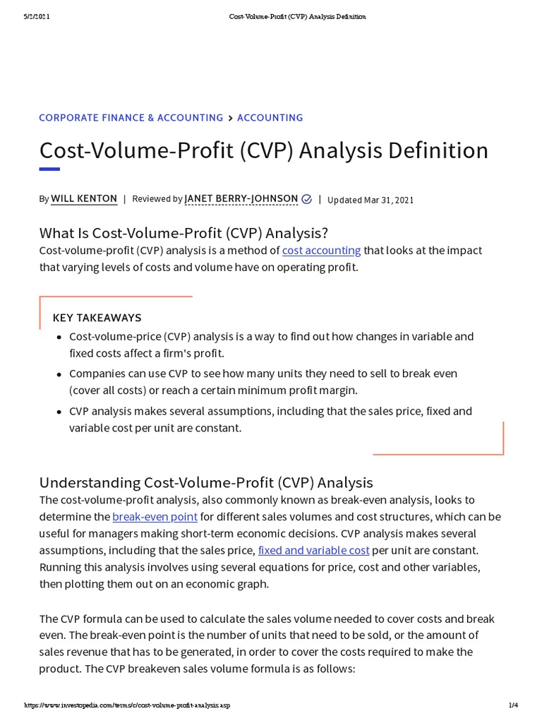 Cost Volume Profit Cvp Analysis Definition Investopedia Pdf
