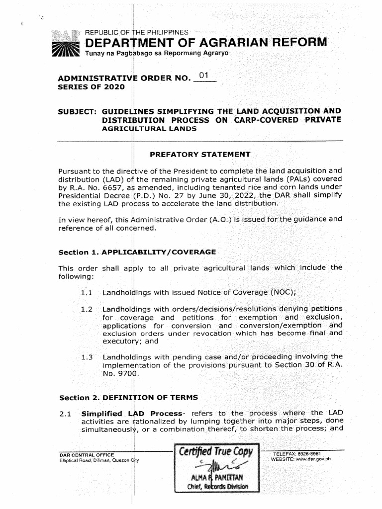 DAR Administrative Order No 01 Series of 2020 | PDF