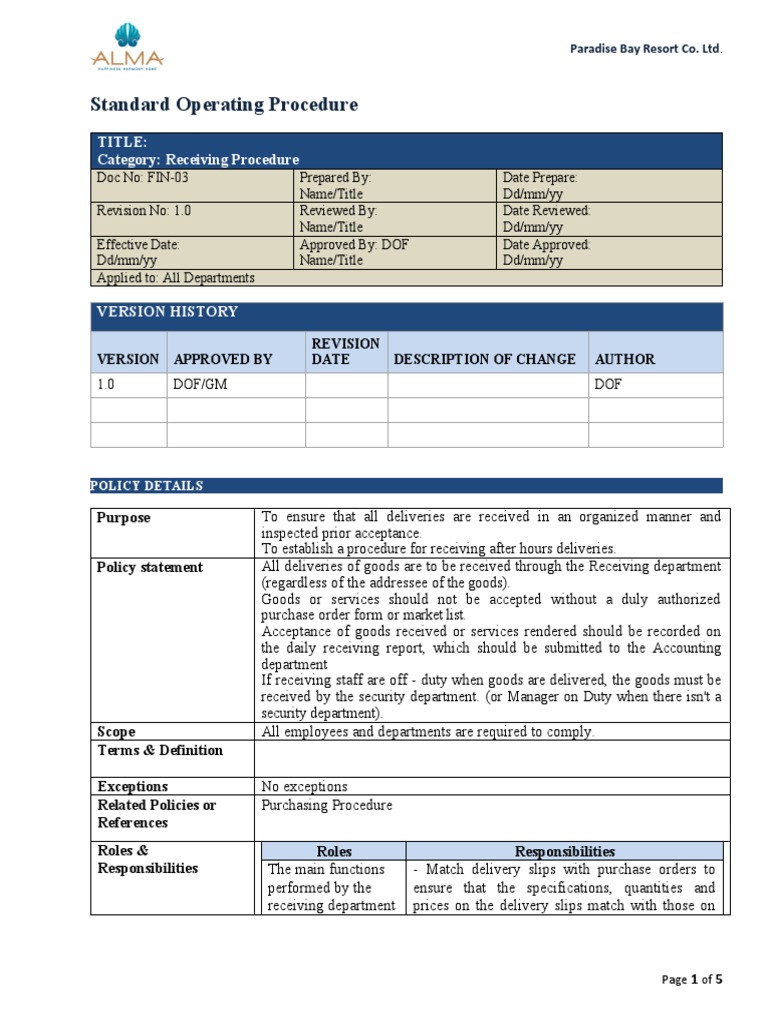 FIN-03. Receiving Procedure | PDF | Inventory | Specification ...