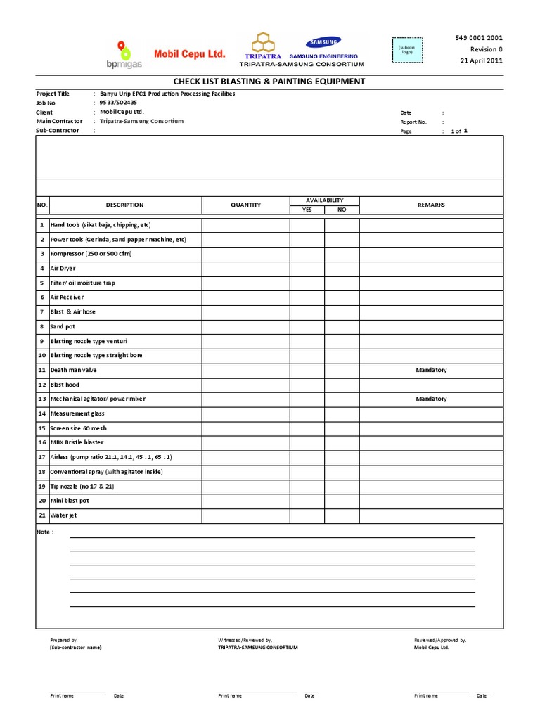 Check List Blasting & Painting Equipment: Tripatra-Samsung Consortium ...