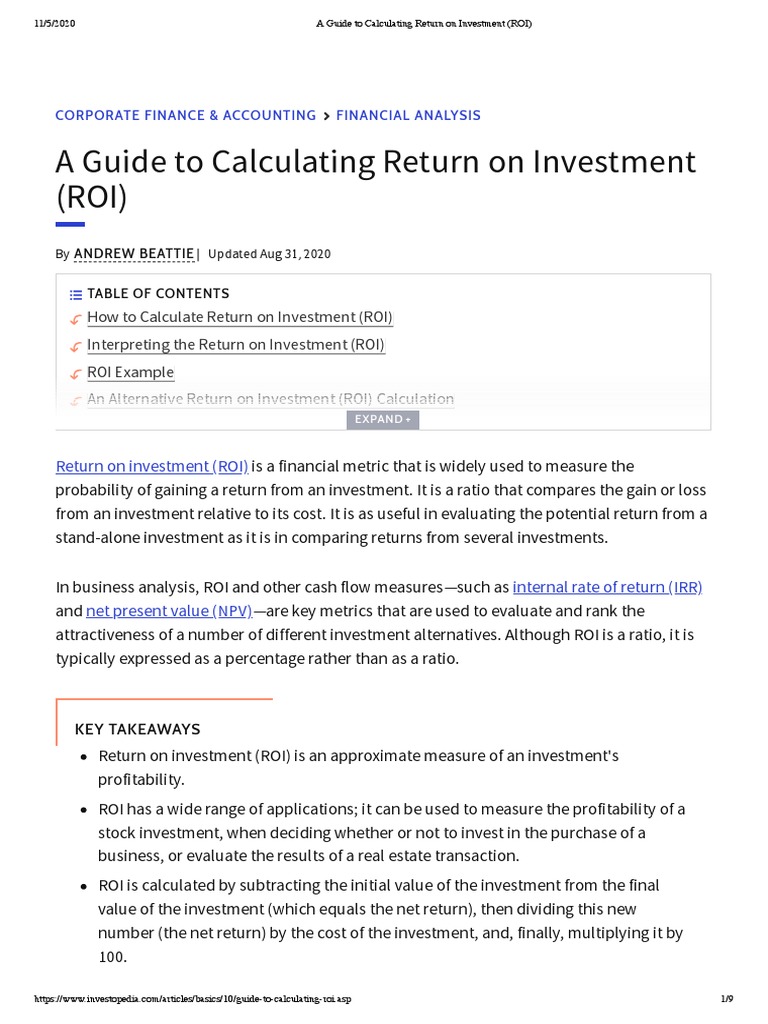 A Guide To Calculating Return On Investment (ROI) - Investopedia | PDF ...
