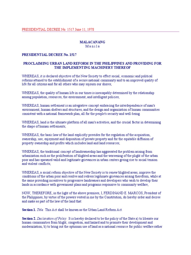 PD 1517-Urban Land Reform Law of 1978 | PDF | Eminent Domain | Justice
