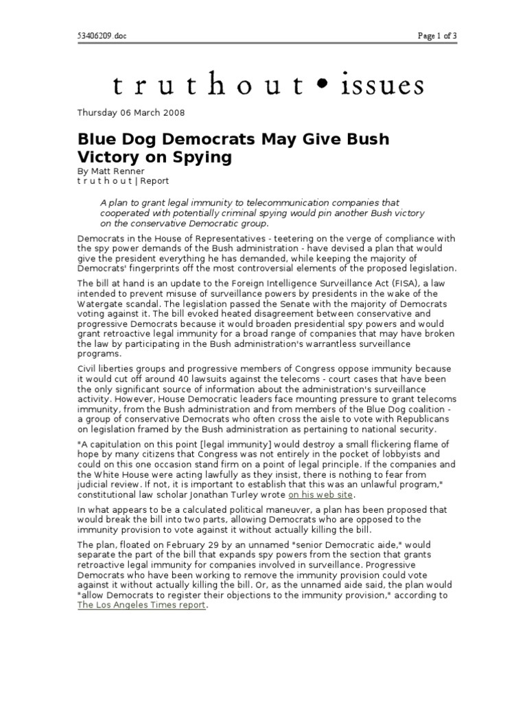 03-06-08 T R U T H o U T-Blue Dog Democrats May Give Bush Vi | PDF ...