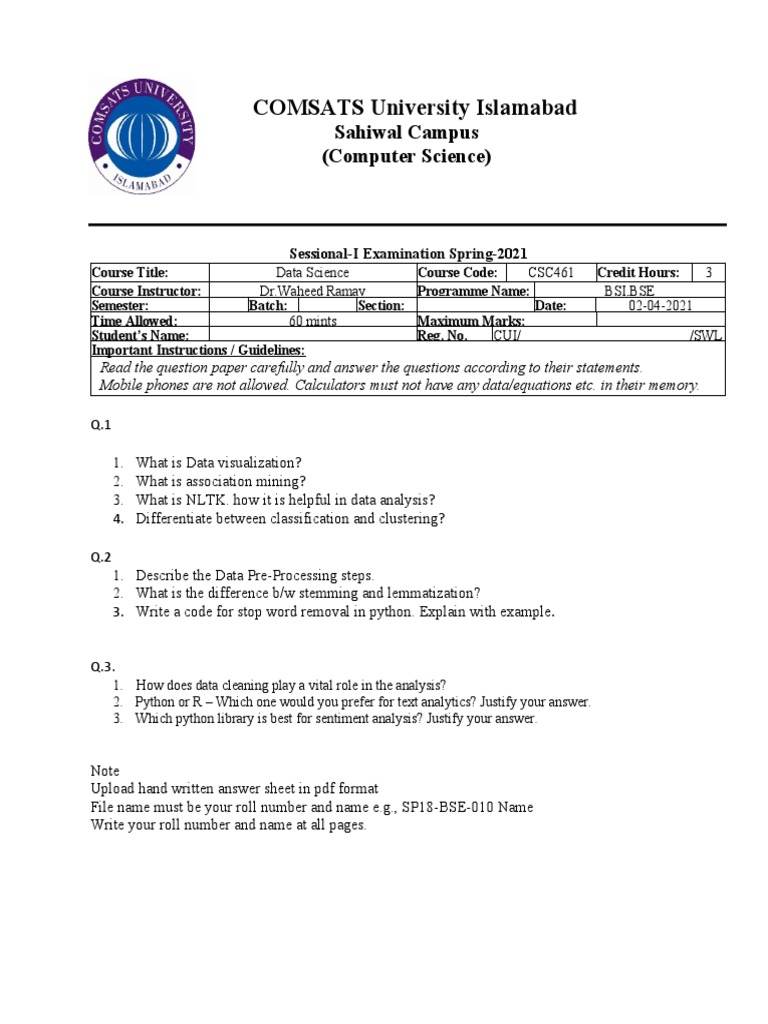 Data Science 1st Sessional | PDF | Computers