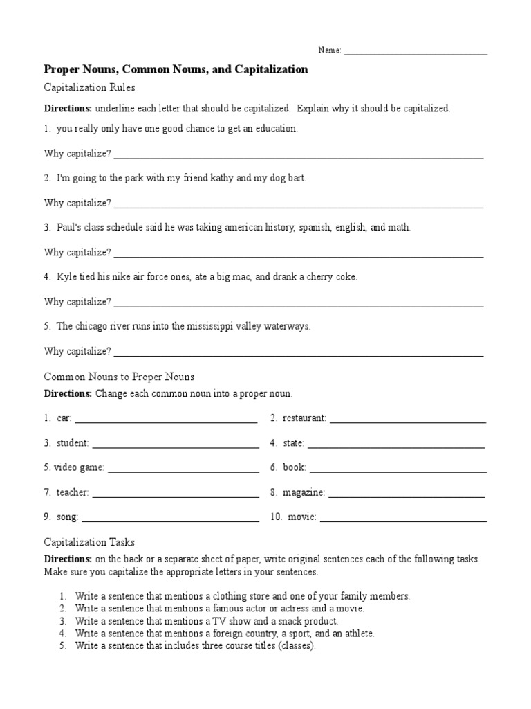 Proper Nouns and Capitalization Worksheet | PDF | Career & Growth