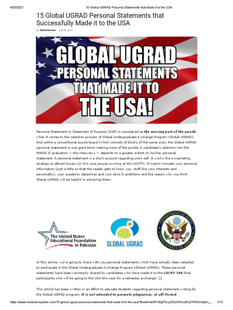 15 Global UGRAD Personal Statements That Made It To The USA | PDF ...
