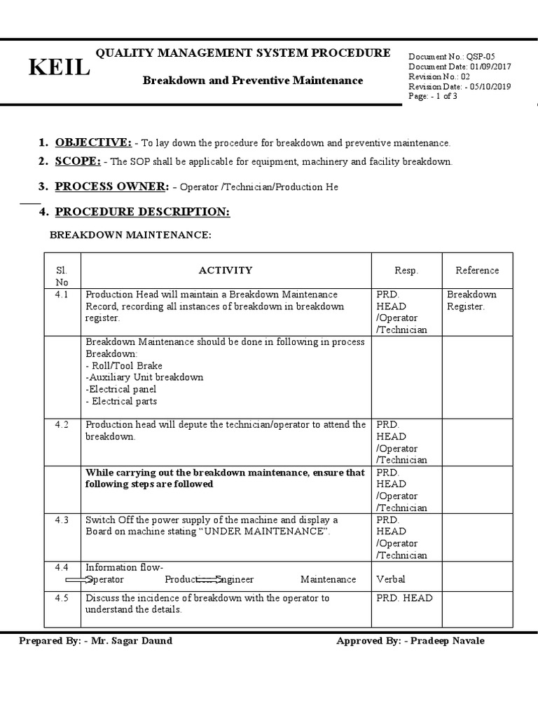 Breakdown and Preventive Maintenance SOP | PDF | Engineering | Business
