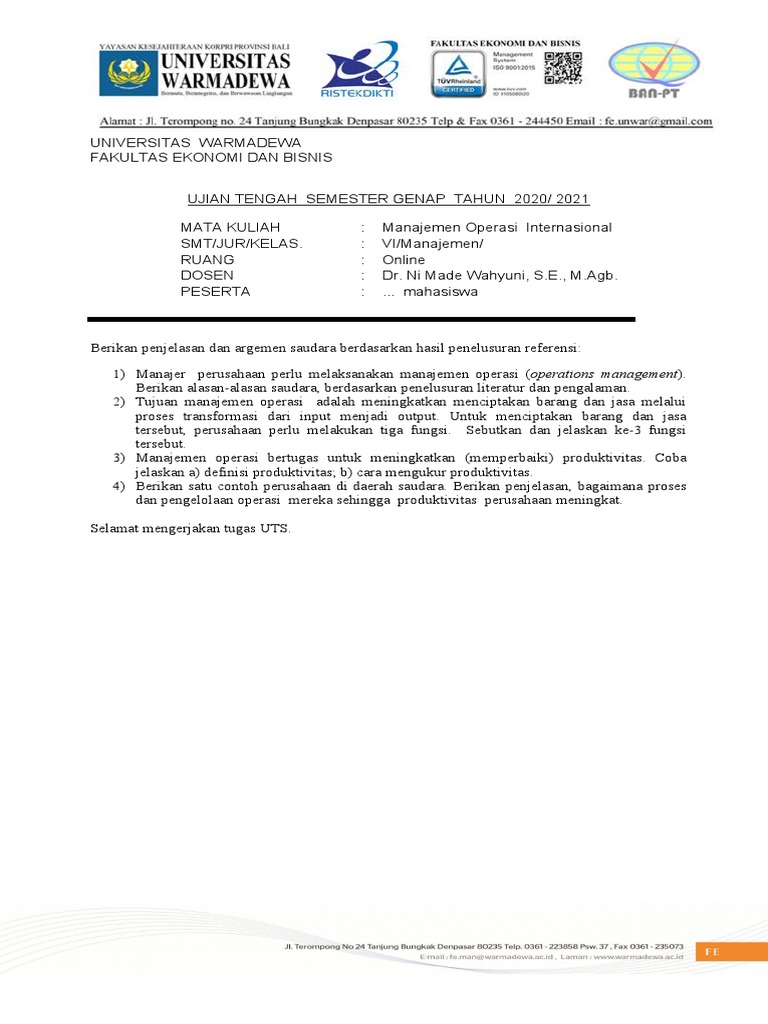 UTS Manajemen Operasi Internasional Genap TA 2020-2021 | PDF | Bisnis