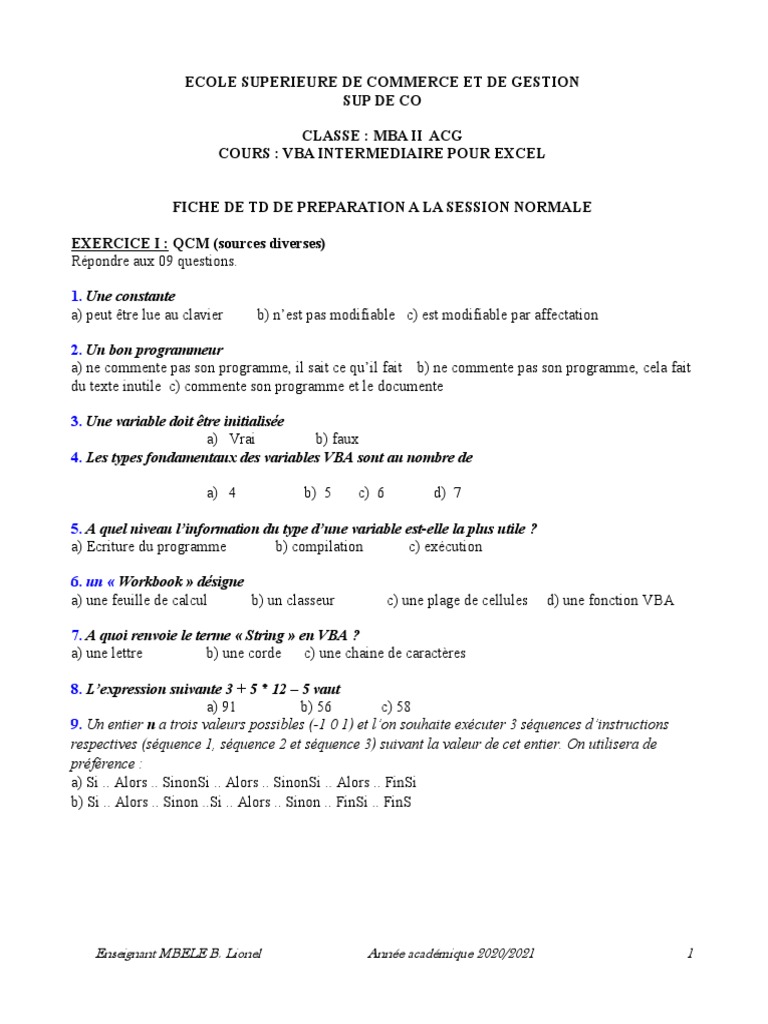 FICHE DE TD PREPA EXAM VBA Pour M2 ACG | PDF | Visual Basic for Applications | Macro-définition