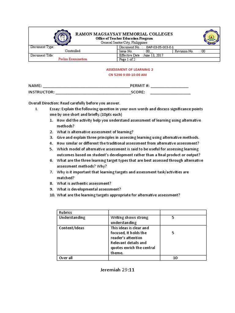 Prelim Assessment of Learning 2 | PDF | Rubric (Academic) | Educational Psychology