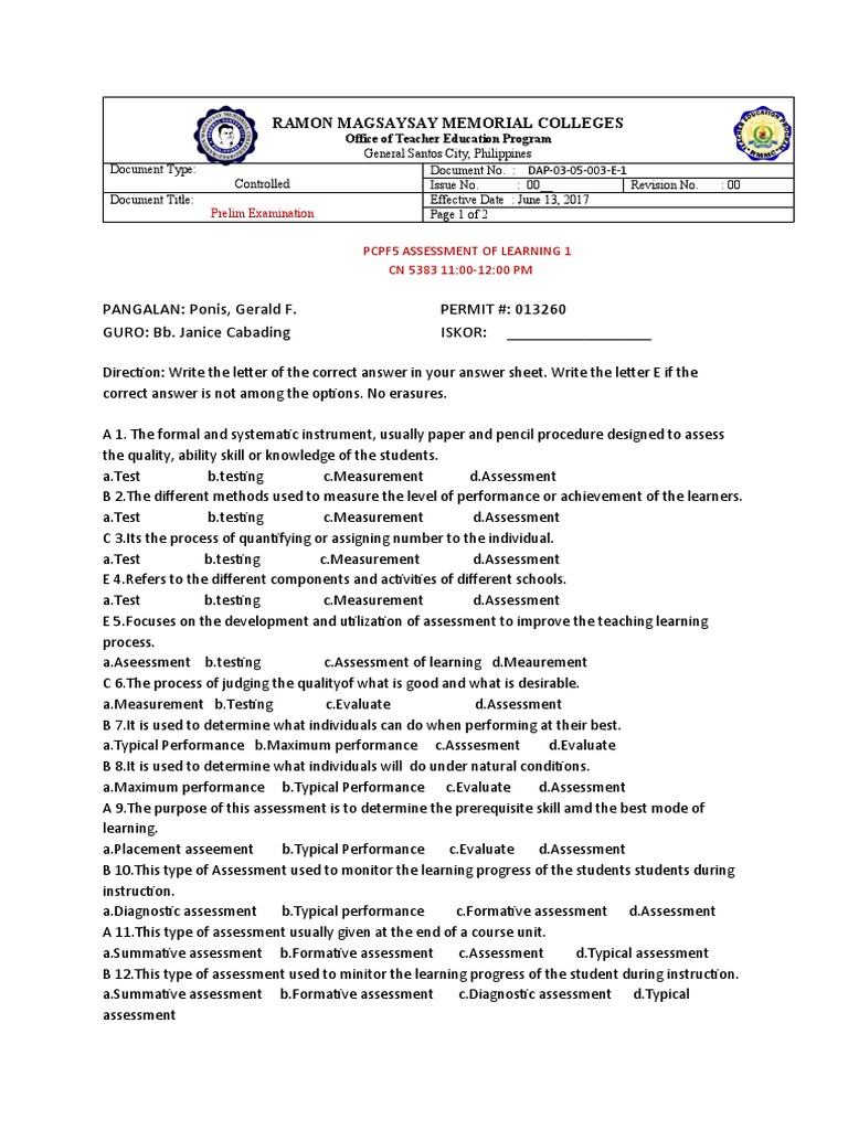 Prelim Exam Assessment Learning 1 | PDF | Educational Assessment | Pedagogy