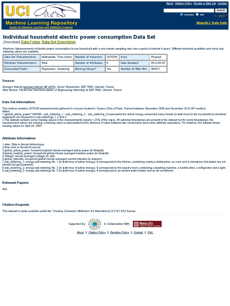 UCI Machine Learning Repository - Individual Household Electric Power Consumption Data Set | PDF ...