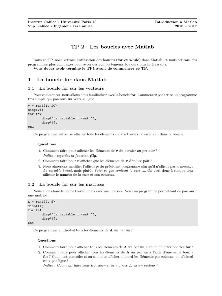 Boucles Matlab | Descargar gratis PDF | Structure de contrôle | MATLAB