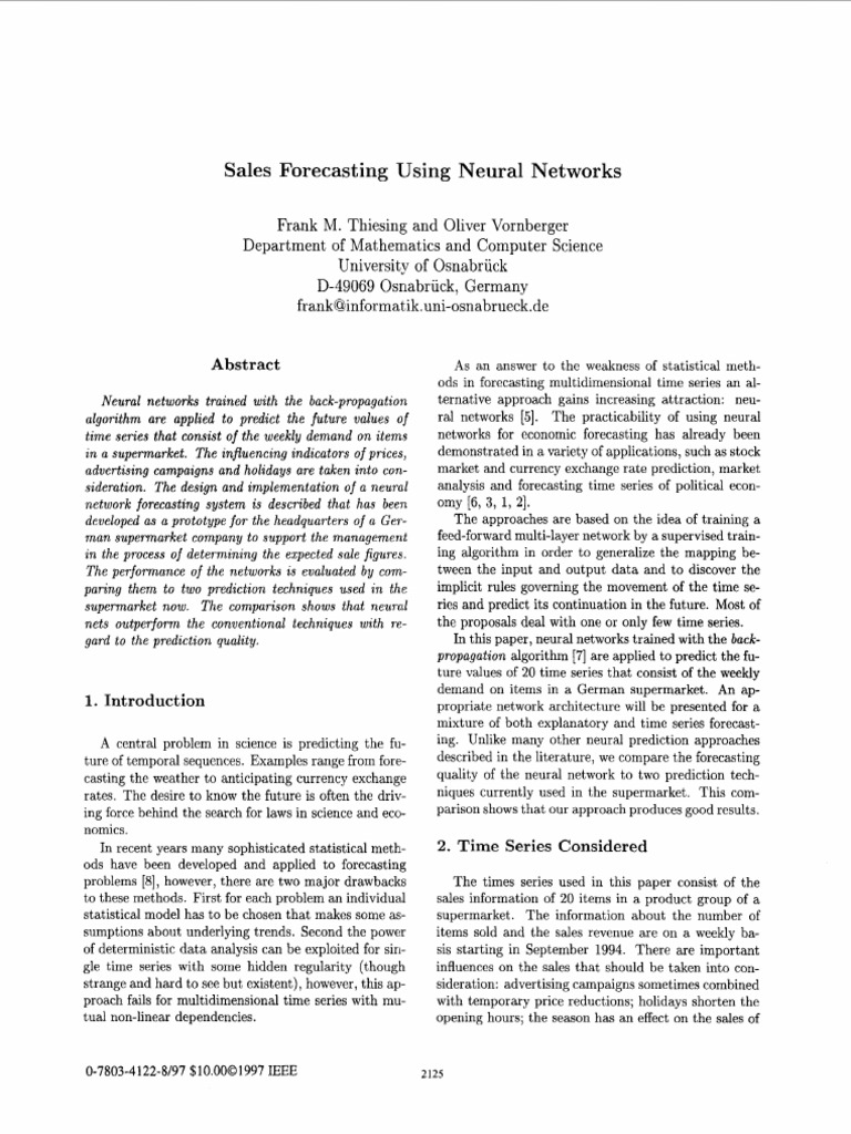 Sales Forecasting Using Neural Networksu Pdf Forecasting Time Series