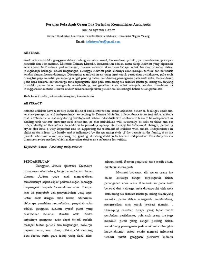 Peranan Pola Asuh Orang Tua Terhadap Kemandirian Anak Autis (UTS PBI) | PDF