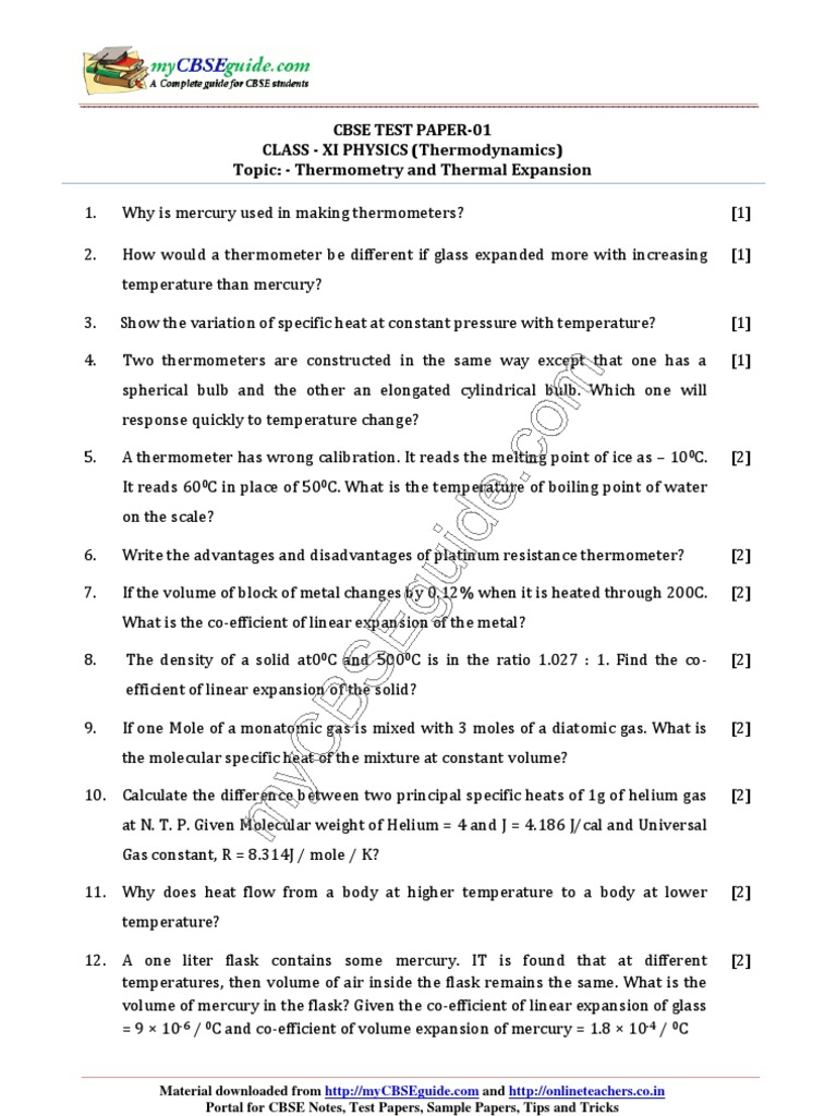 CBSE Class XI Physics Thermodynamics Test | PDF