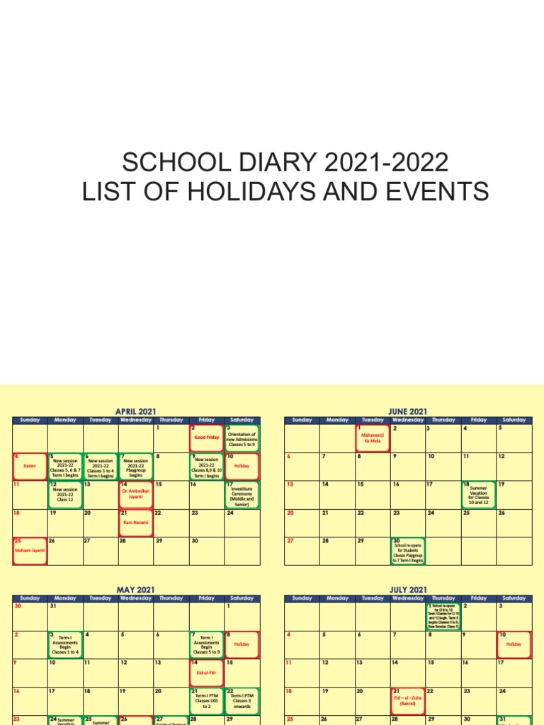 SCHOOL DIARY 2021-2022 List of Holidays and Events | PDF | Easter | Observances