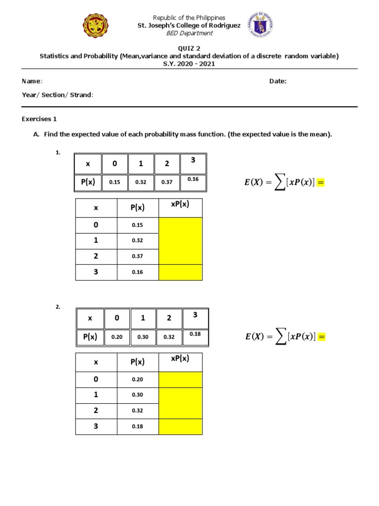 Variance and Standard Deviation Quiz | PDF | Variance | Mean