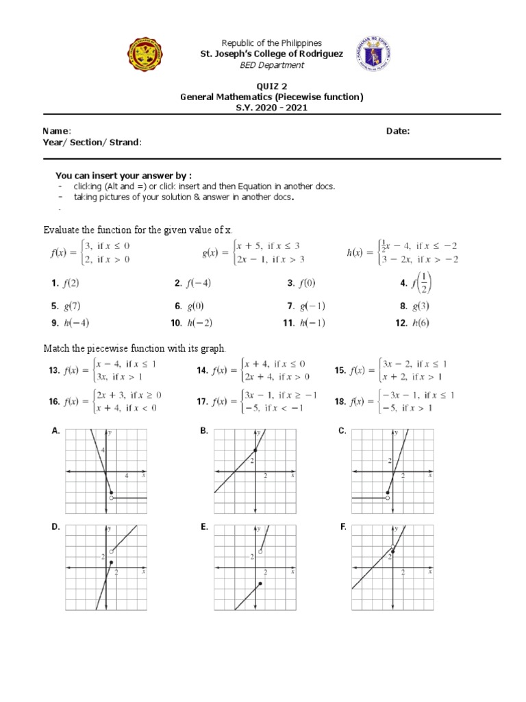 G11-Week 5 (Worksheet in Piecewise Function) | PDF