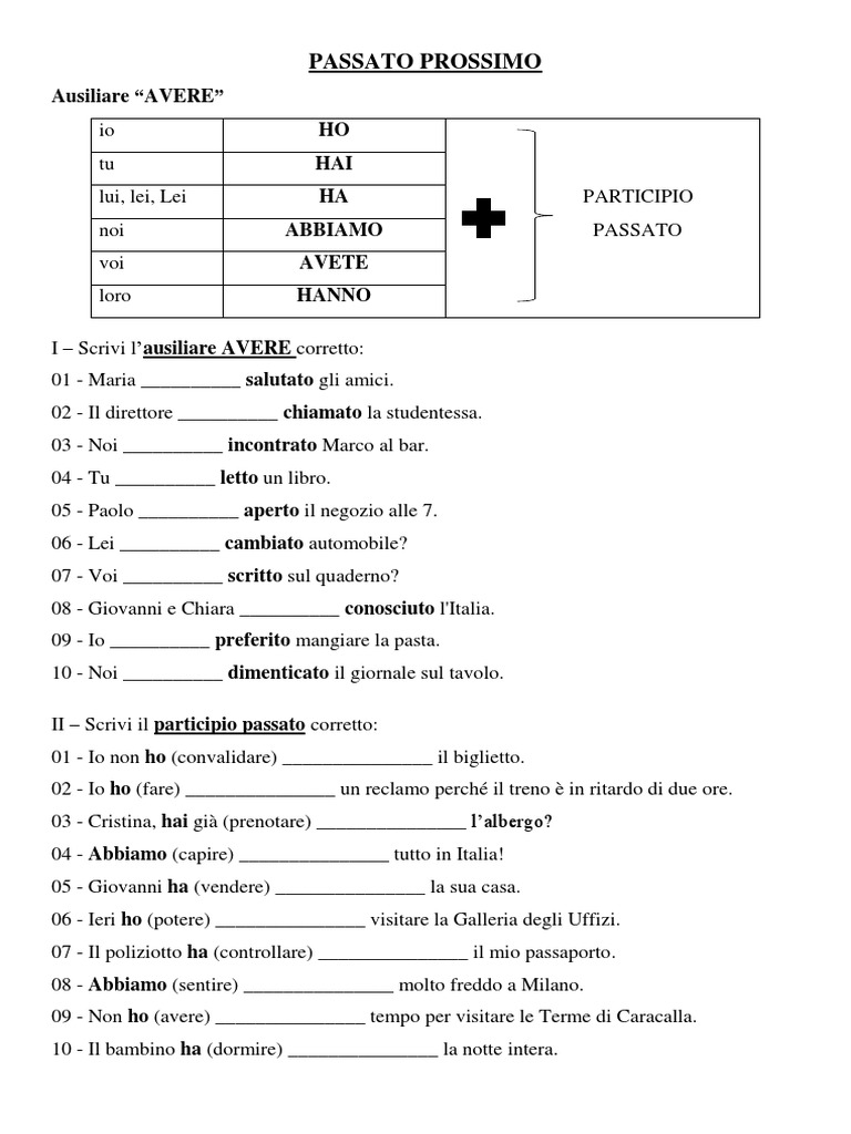 Passato Prossimo - Aus AVERE Facile | PDF