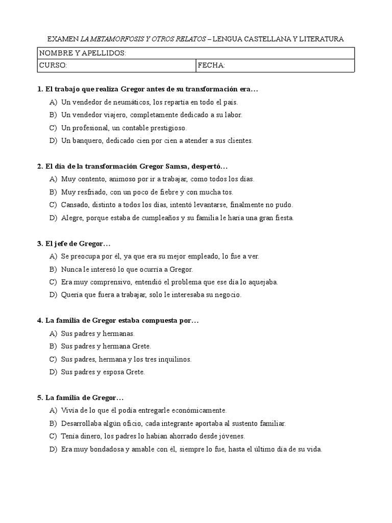 Examen sobre "La Metamorfosis" de Kafka | PDF | La metamorfosis