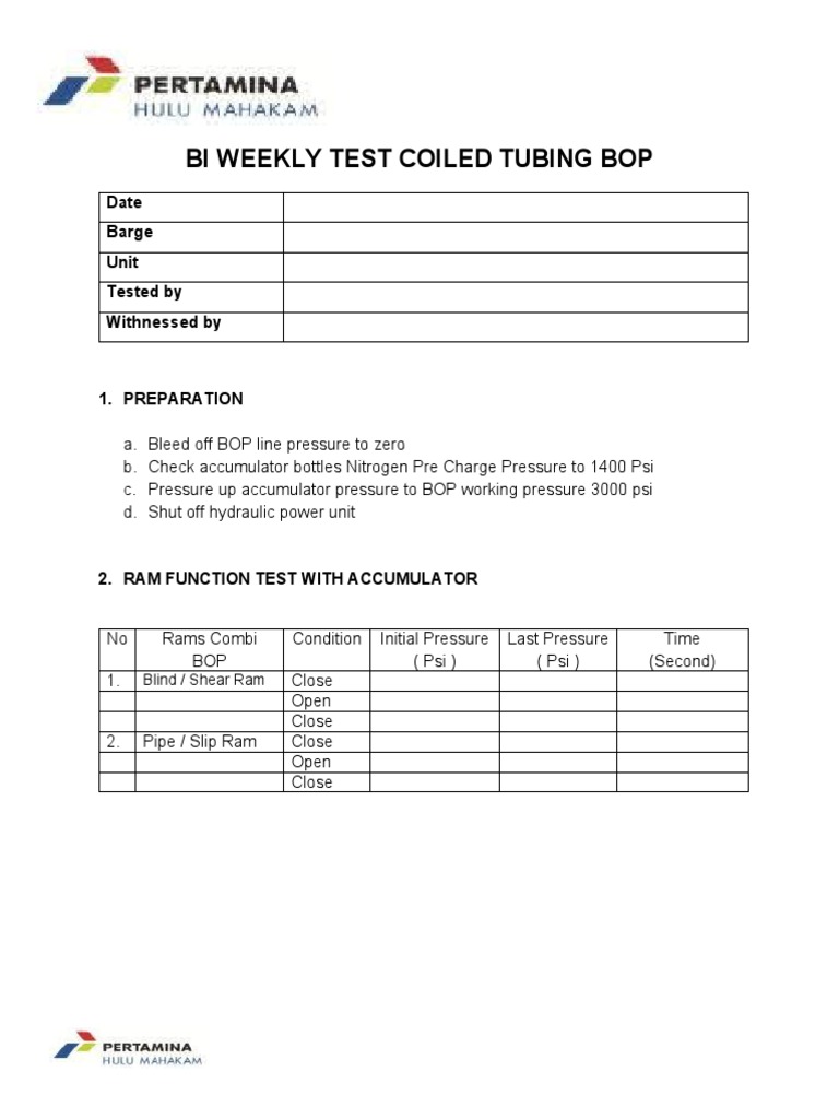 Bi Weekly Test Coiled Tubing Bop Form PHM | PDF | Pipe (Fluid ...