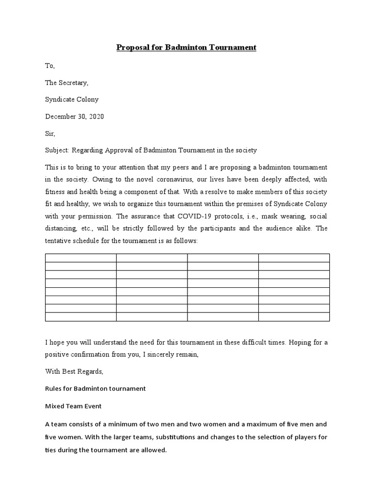 Proposal For Badminton Tournament | PDF | Sports | Recreation
