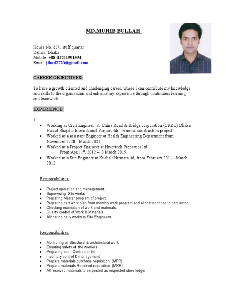 MD - Muhib Bullah: Career Objectives | PDF | Engineer | Bangladesh