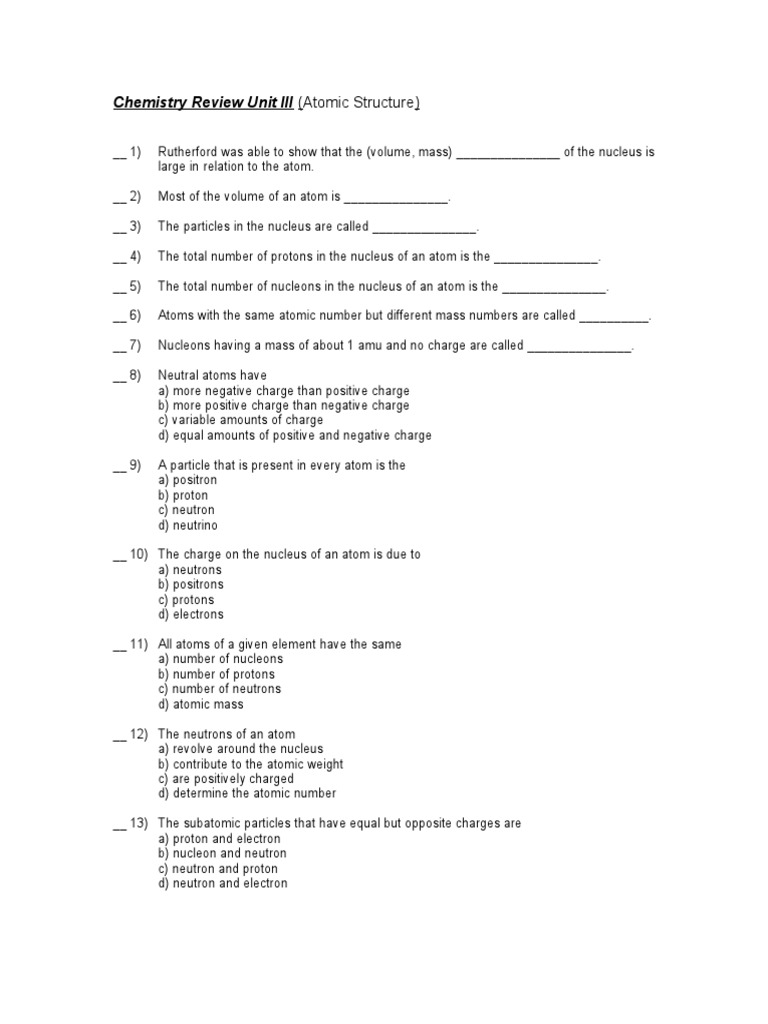 Chemistry Review Unit III (Atomic Structure) | PDF | Atoms | Proton
