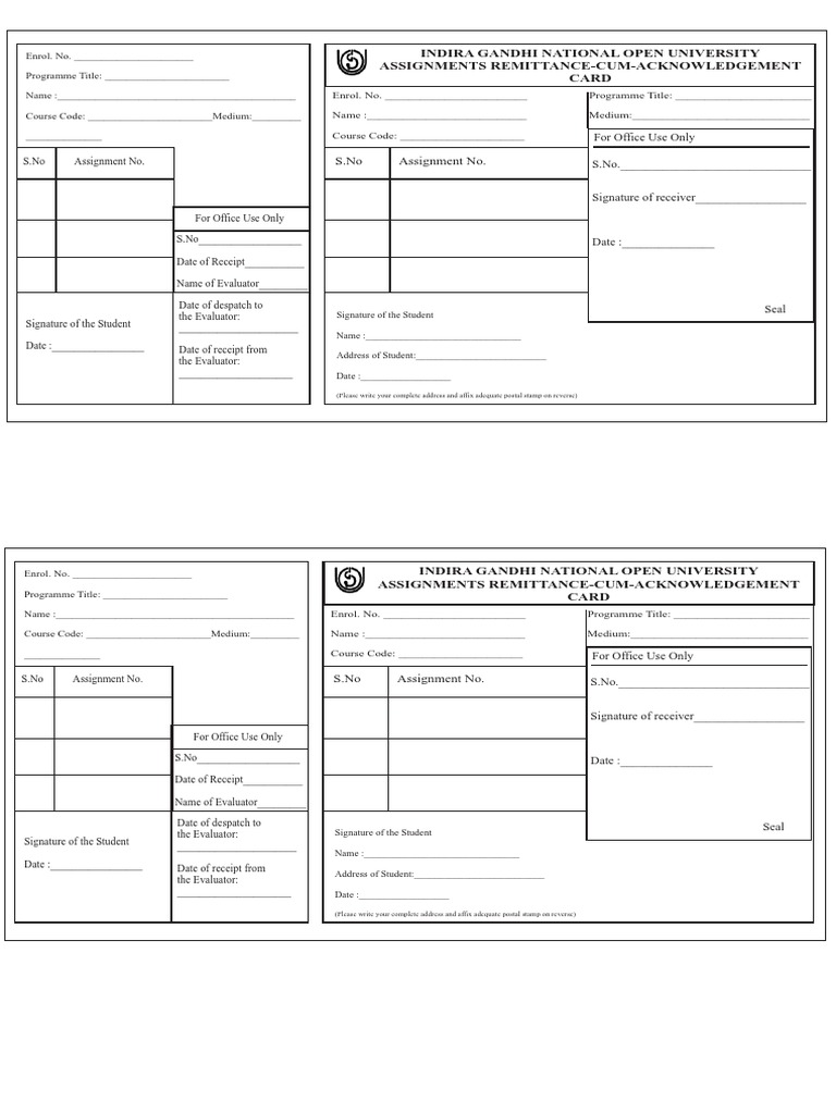 Ignou Assignments Acknowledgement Card | PDF | Written Communication ...