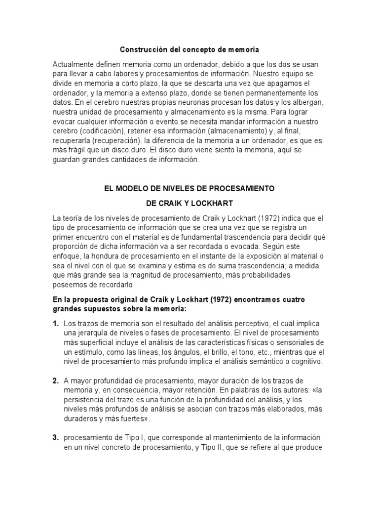 Construcción Del Concepto de Memoria y Craik y Lockhart | PDF | Memoria ...