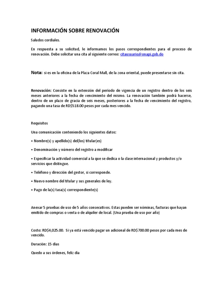 Información Sobre Renovación Onapi | PDF