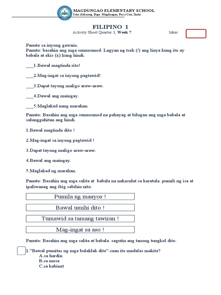 Activity Sheets in Filipino 1 Quarter 3 Week 7 | PDF