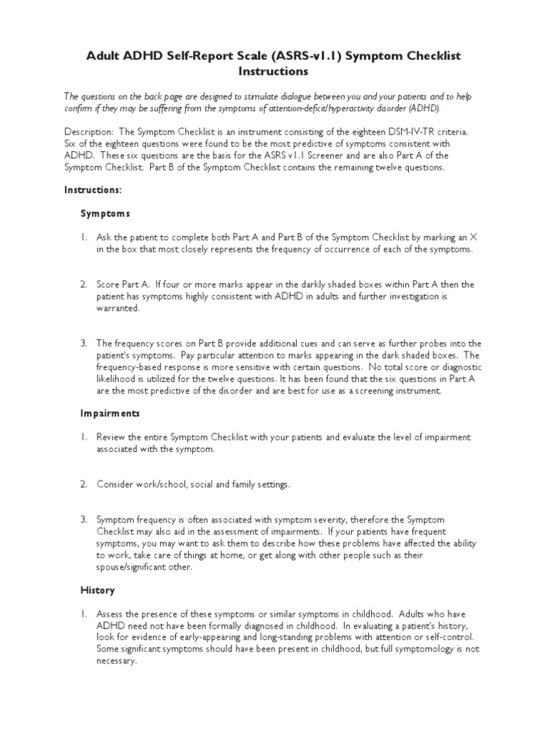 Adult ADHD Self-Report Scale (ASRS-v1.1) Symptom Checklist Instructions ...