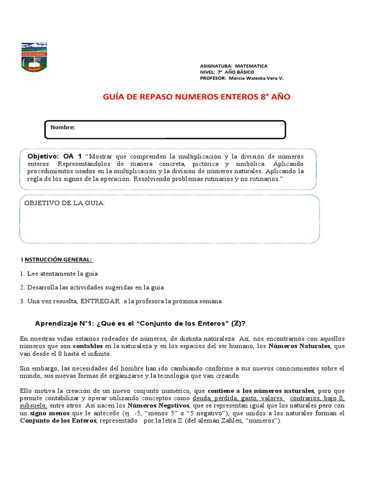 Guía de Repaso 8° Números Enteros | PDF | Entero | Multiplicación