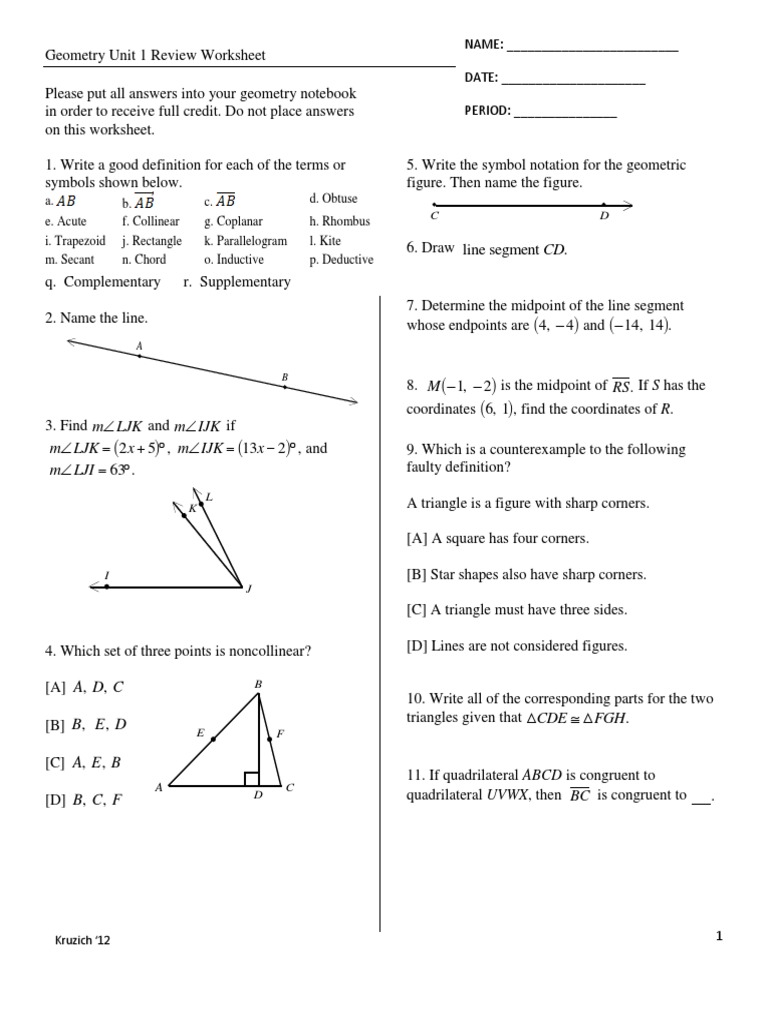 Unit 1 Review WS | PDF | Line (Geometry) | Circle