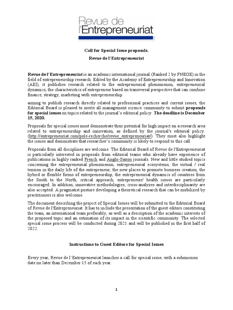 Call For Special Issue Proposals RE 2020 | PDF | Entrepreneurship | Science