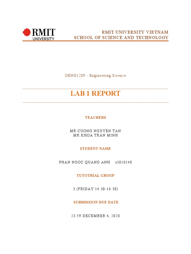 Lab 1 Report: Rmit University Vietnam School of Science and Technology ...