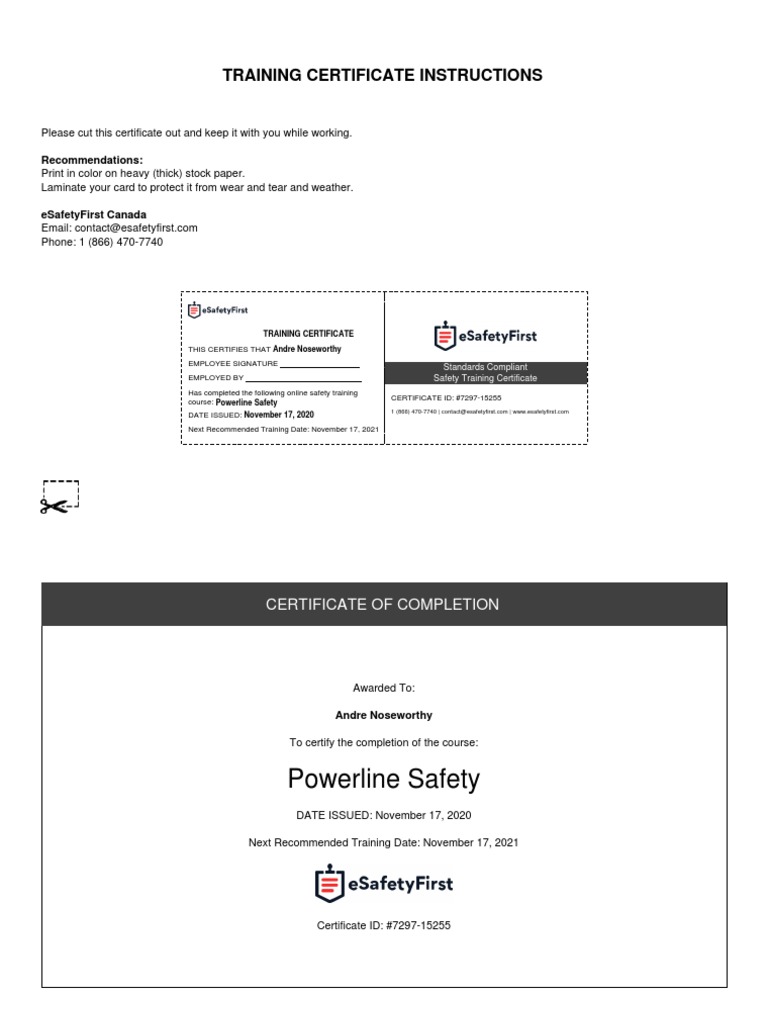 Training Certificate Instructions: Please Cut This Certificate Out and ...