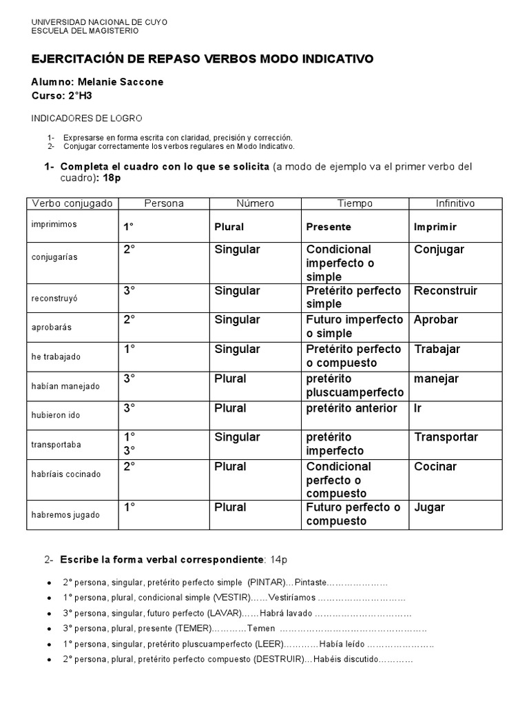 Ejercicios de Repaso de Los Tiempos Verbales 2° (1) (1) . | PDF ...
