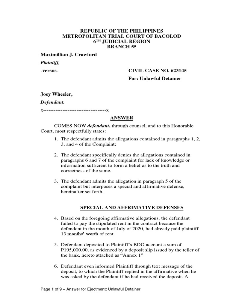 Sample Answer To Ejectment Complaint | PDF | Complaint | Affidavit