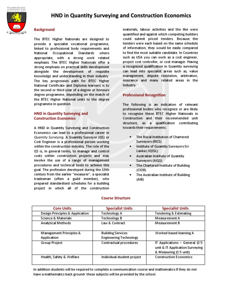HND in Quantity Surveying and Construction Economics | PDF | Academic ... HND in Quantity Surveying and Construction Economics | PDF | Academic ...