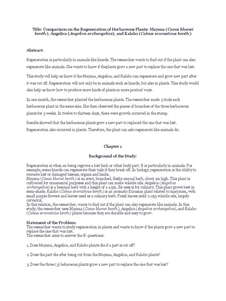 Example of An Investigatory Project | PDF | Regeneration (Biology) | Plants
