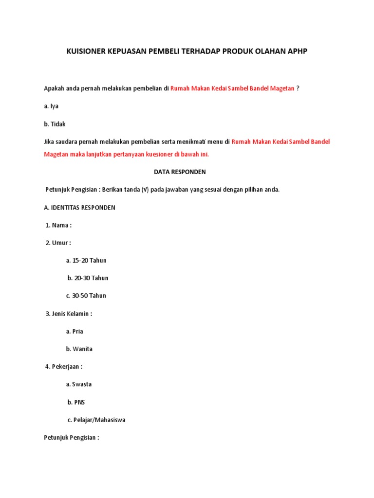 Kuisioner Kepuasan Pembeli Terhadap Produk Olahan Aphp | PDF