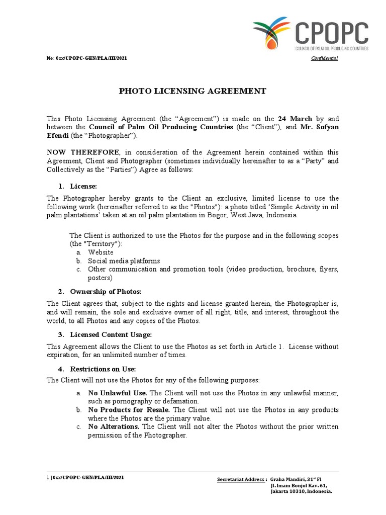 (Draft) Photo Licensing Agreement - CPOPC and Photographer - Humberto ...