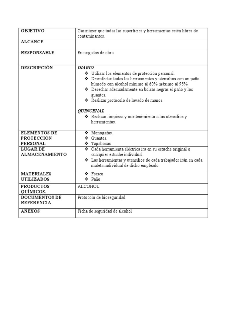 Ficha Tecnica de Limpieza y Desinfección | PDF