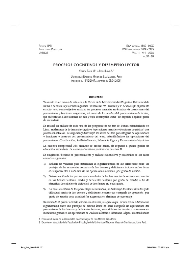Violeta Tapia Y Jorge Luna - Procesos Cognitivos y Desempeño Lector | PDF | Comprensión lectora ...